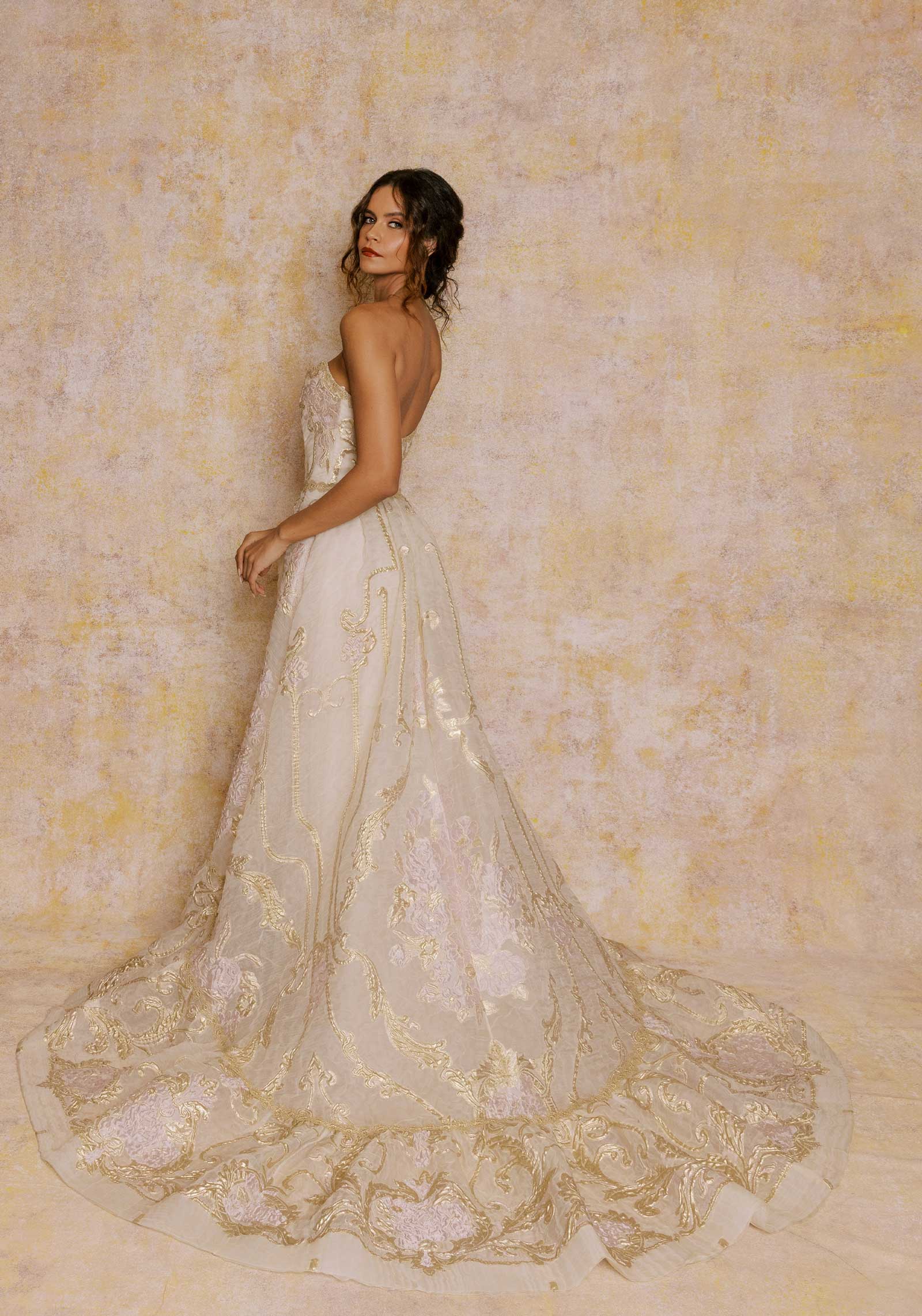 Désirée Wedding Gown Elegant Ivory Silk Organza & Gold Lace Trim Gown – Claire Pettibone Design ...