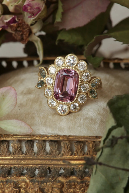 Peony natural pink spinel with diamond halo engagement ring – Claire ...