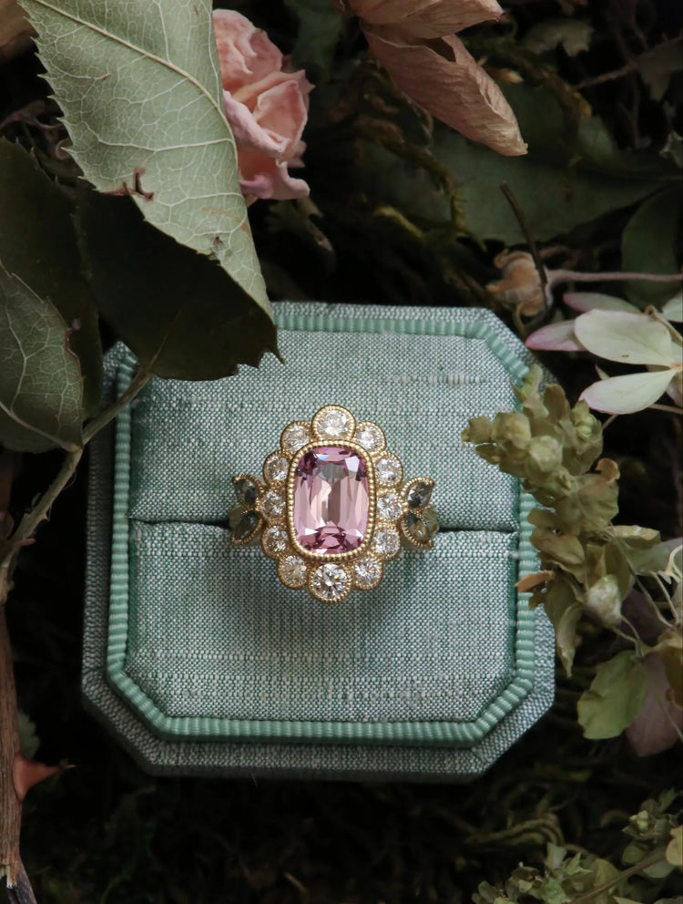Peony natural pink spinel with diamond halo engagement ring – Claire ...