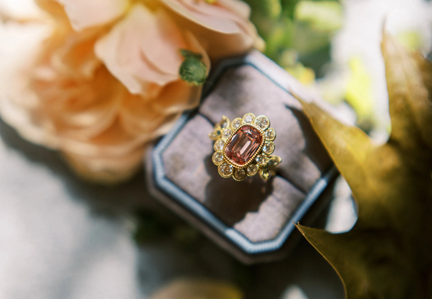 Peony natural pink spinel with diamond halo engagement ring – Claire ...