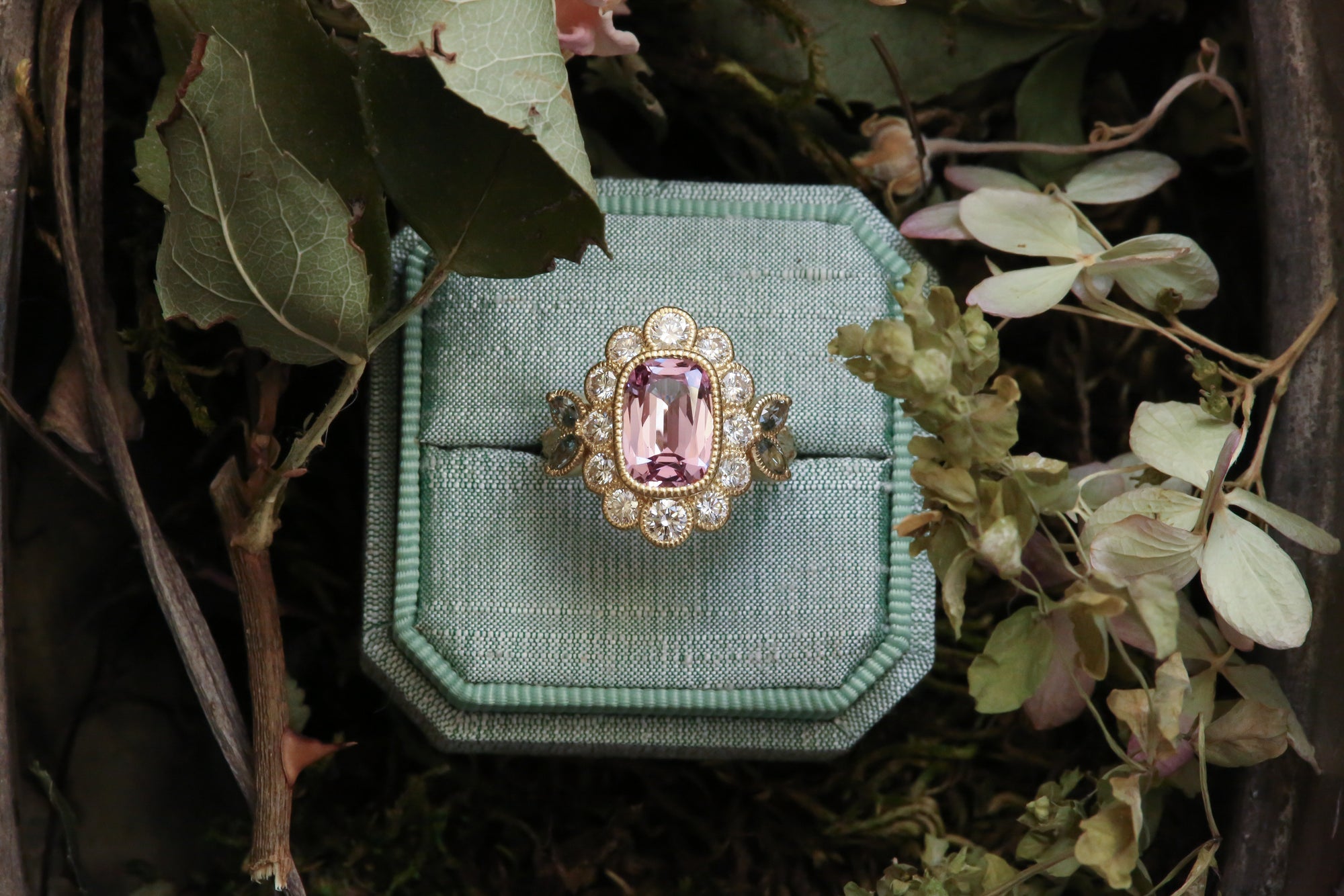 Peony natural pink spinel with diamond halo engagement ring – Claire ...