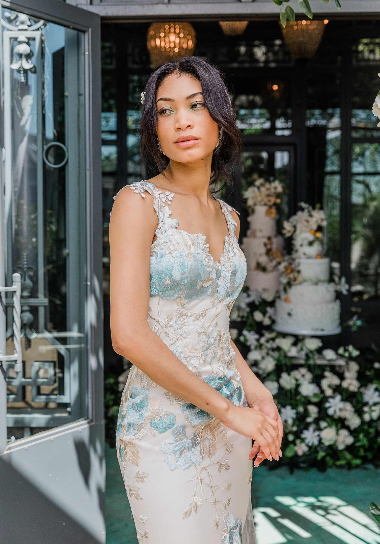 Odessa Colorful Blue Wedding Dress with Floral Detail A-line Corset ...